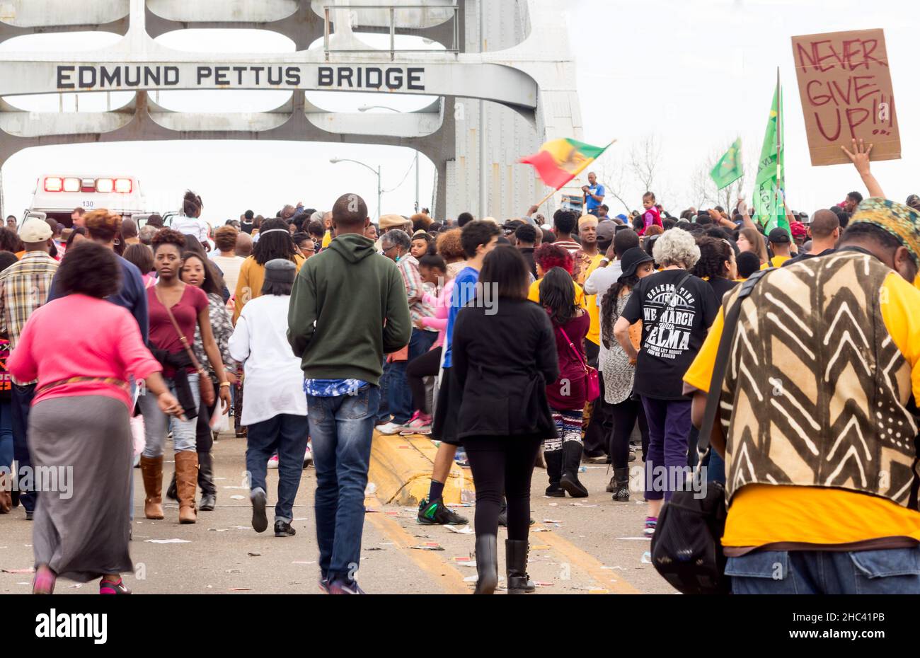 African Americans on Edmund Pettus Bridge with flags on the 50th ...