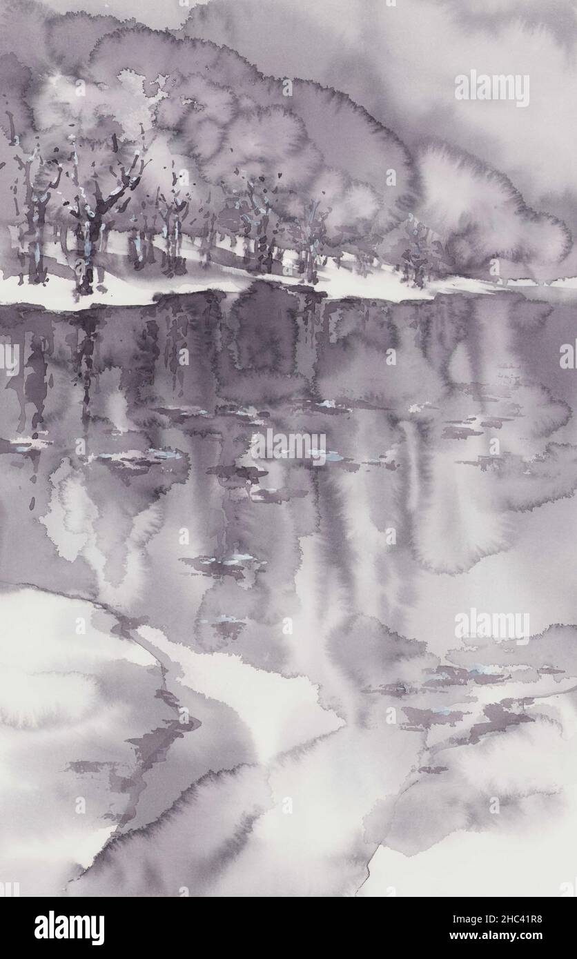 Winter landscape in grey color watercolor background Stock Photo - Alamy