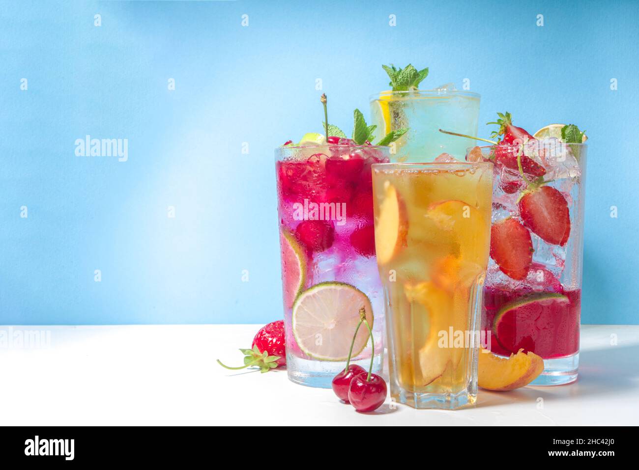 Iced refreshing drink. Bar and cafe beverage menu background. Set of ...