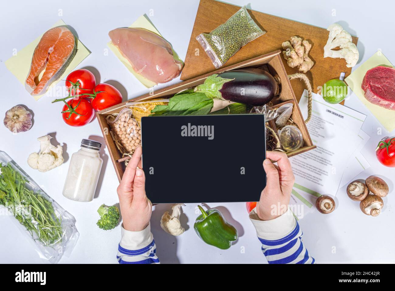 Meal Kit Delivery Concept. Set various healthy dishes food ingredients ...