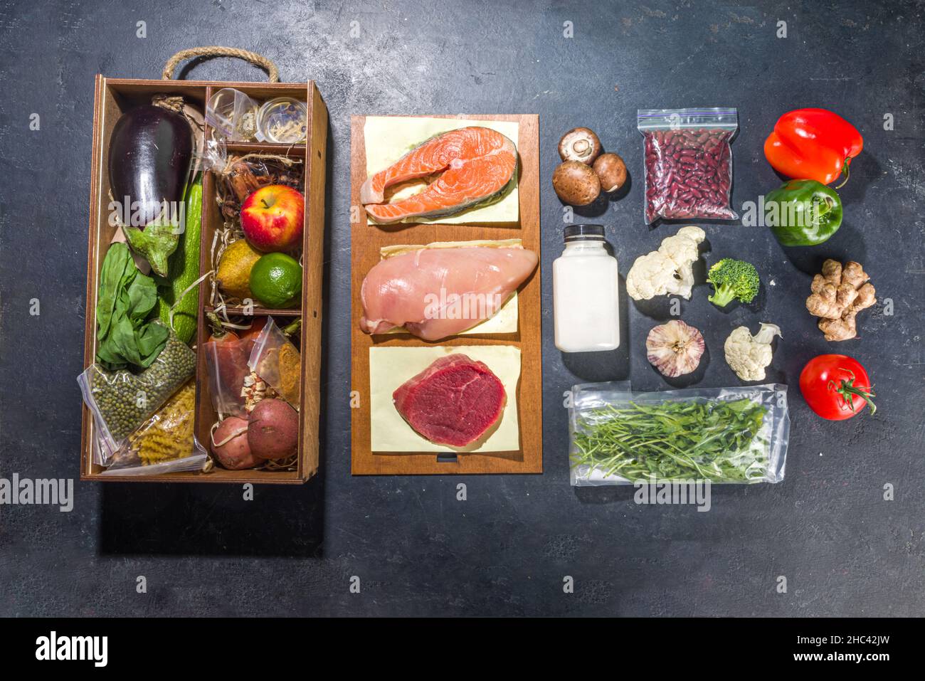 Meal Kit Delivery Concept. Set various healthy dishes food ingredients ...