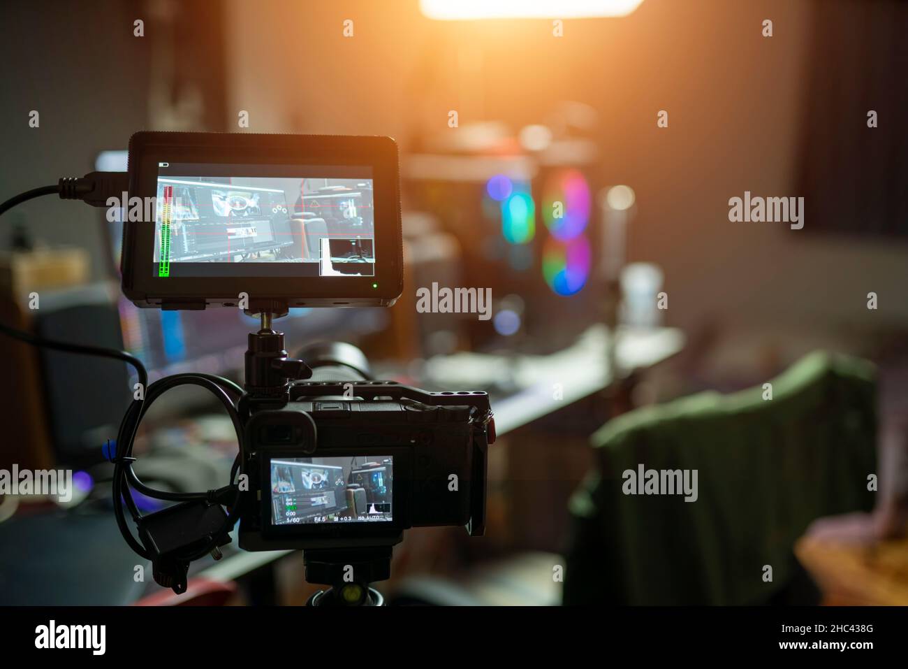 Camera and monitor display content creator gear and filmmaker Stock ...