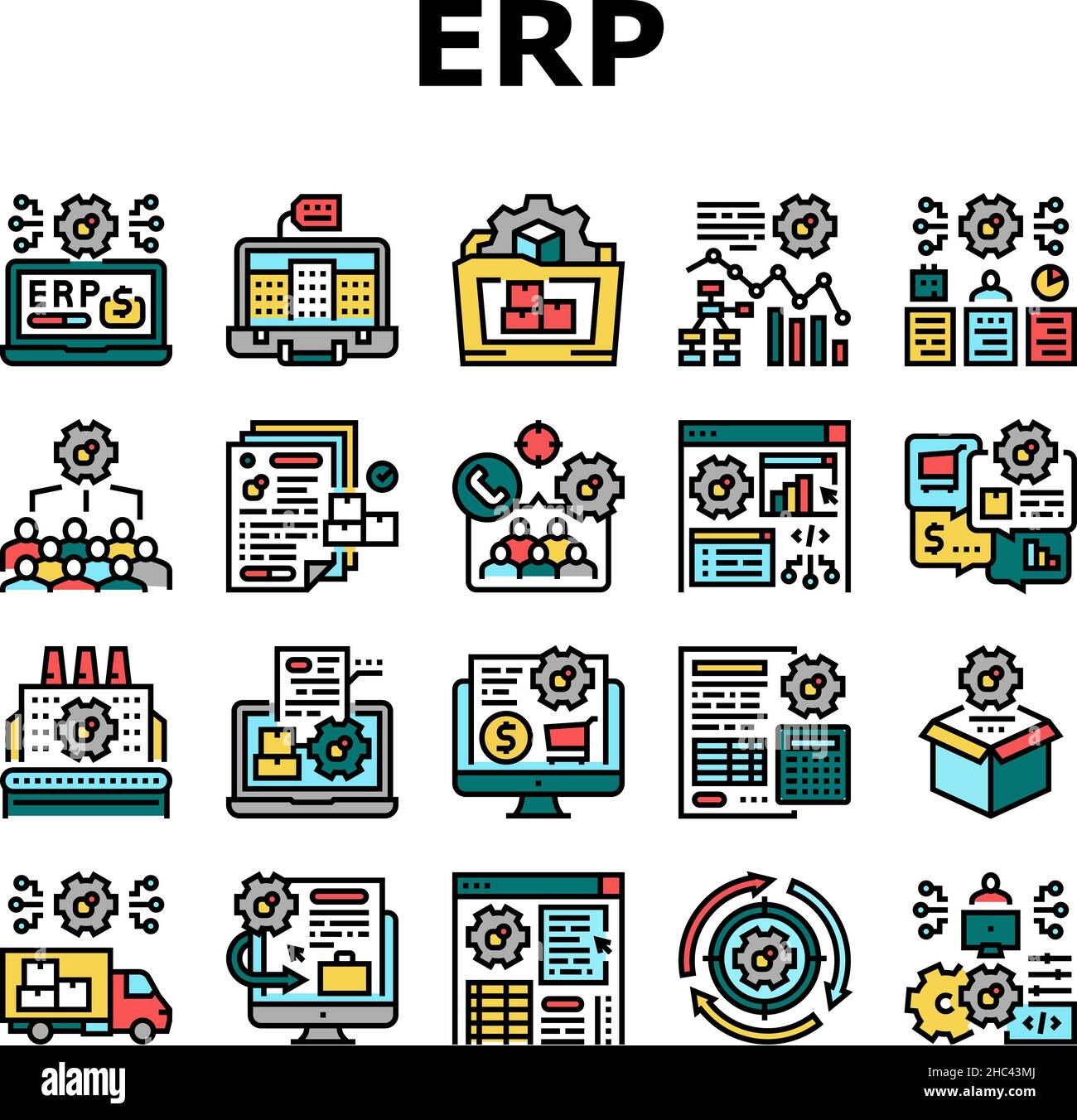 Erp Enterprise Resource Planning Icons Set Vector Stock Vector Image ...