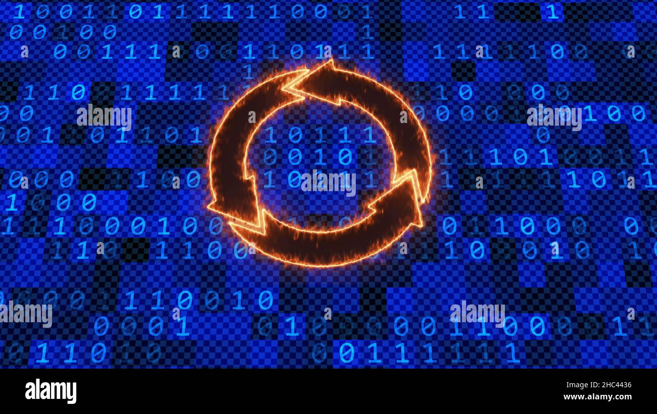 Digital screen abstract graphic background - burning update sign over binary code on mosaic of ...