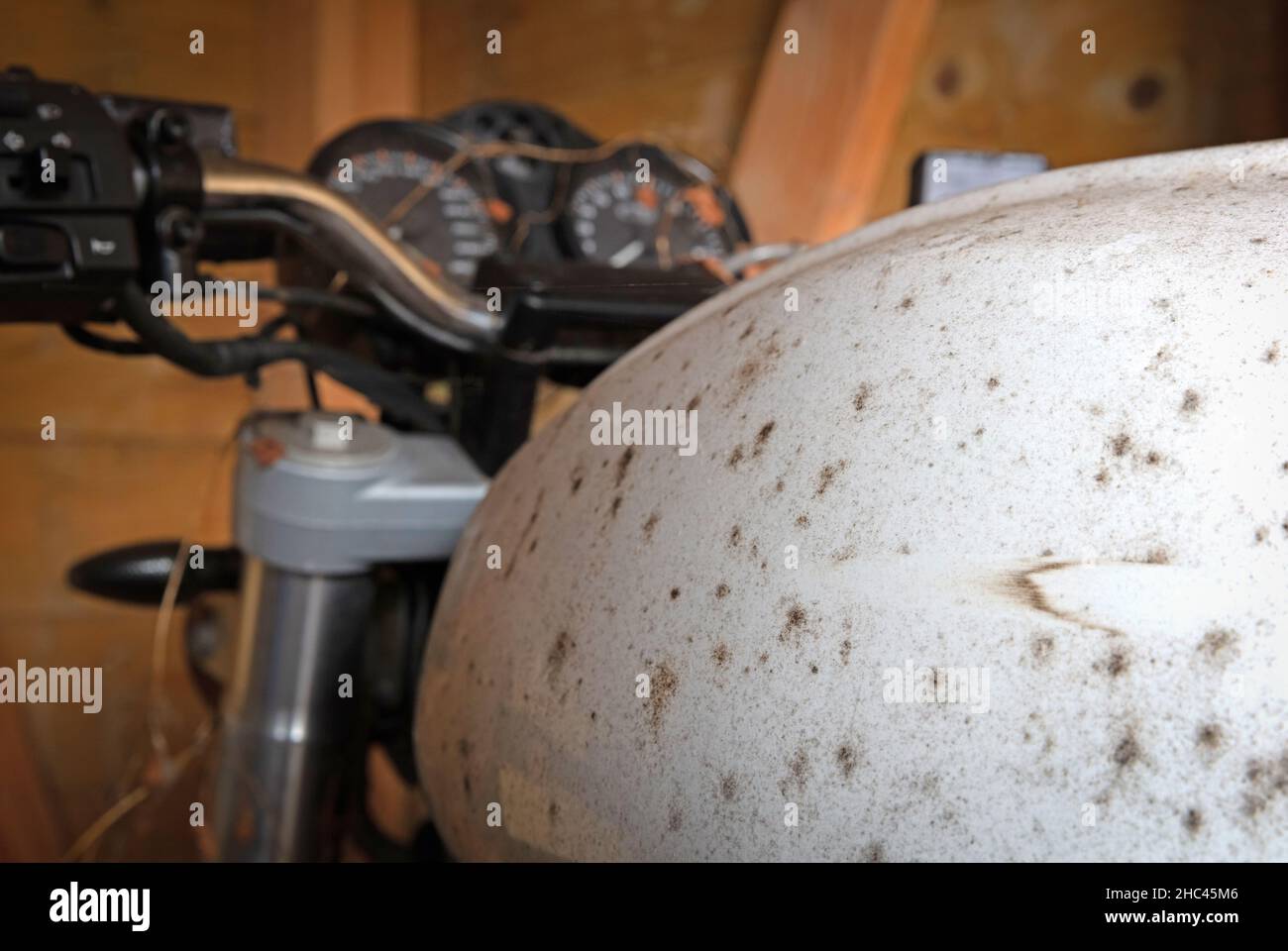 Old and dirty motorcycle in a shed, overgrown, selective focus Stock ...