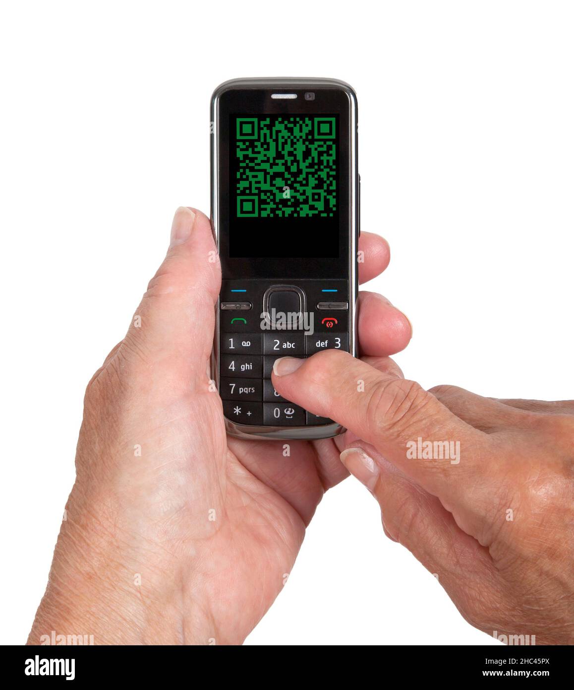 Hands of senior womanwith a mobile phone, isolated on white - QR-code ...