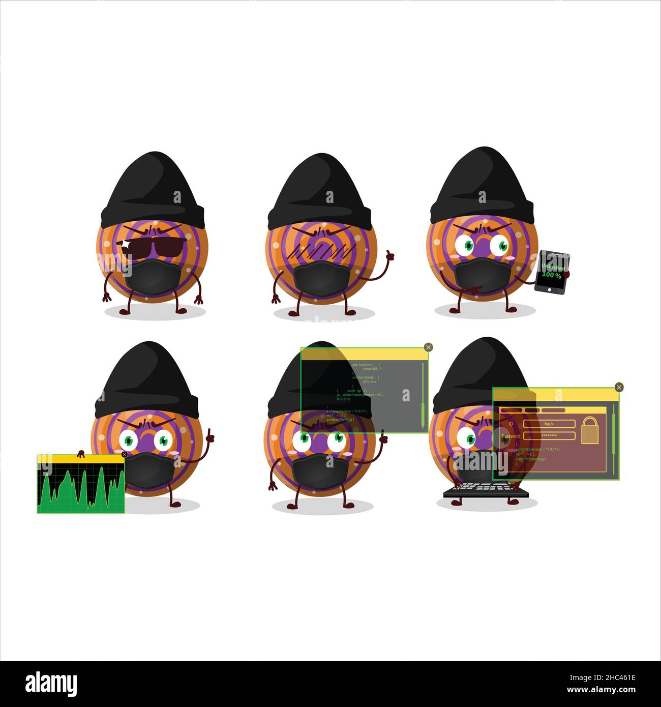 A Hacker orange spiral gummy candy character mascot with. Vector ...