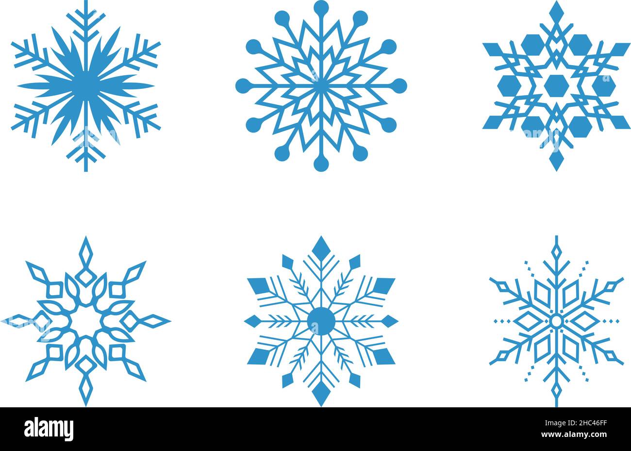 Ice blue frosty abstract snowflake symbols set on white background ...