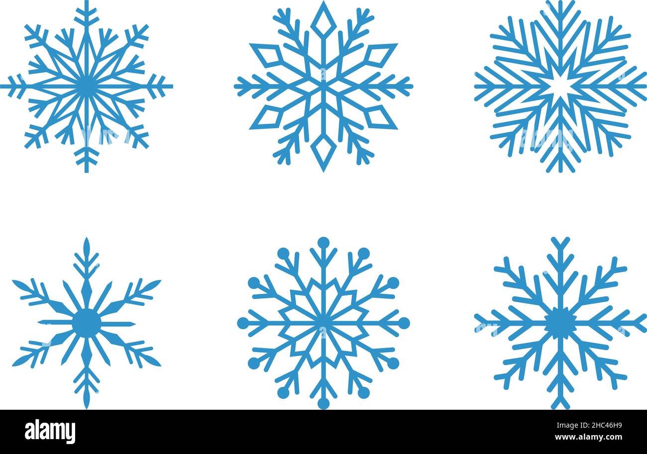 Ice blue frosty abstract snowflake symbols set on white background ...