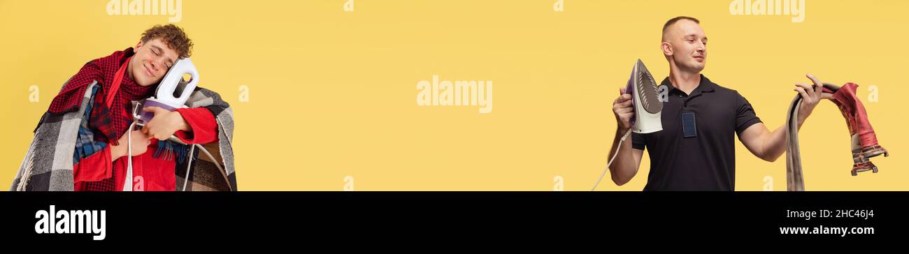 Collage of young sick boy suffering from cold and flu and professional ...