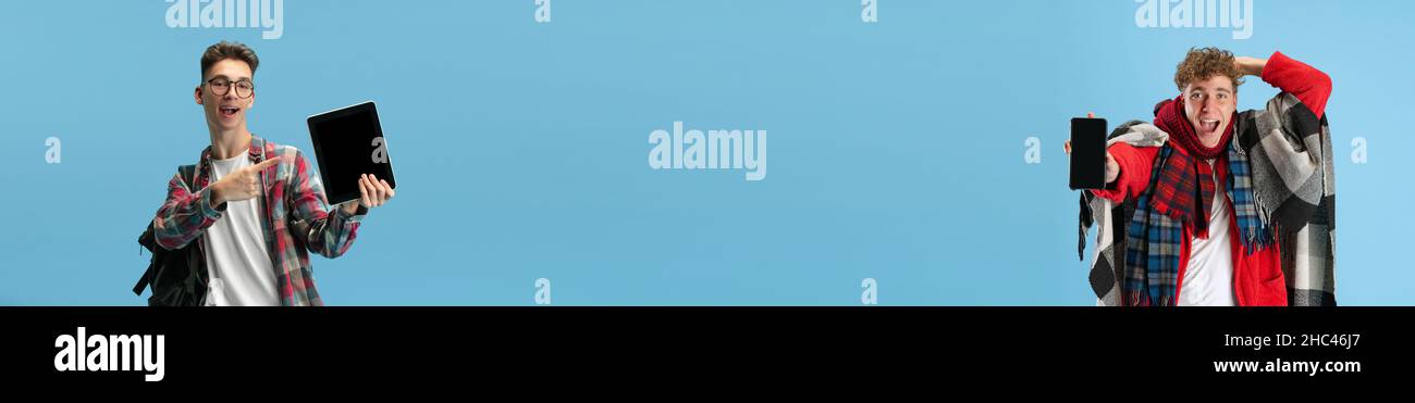 Collage of two young boys, student and sich man pointing at gadget ...