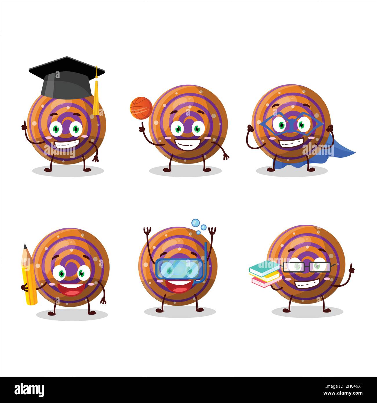 School student of orange spiral gummy candy cartoon character with ...
