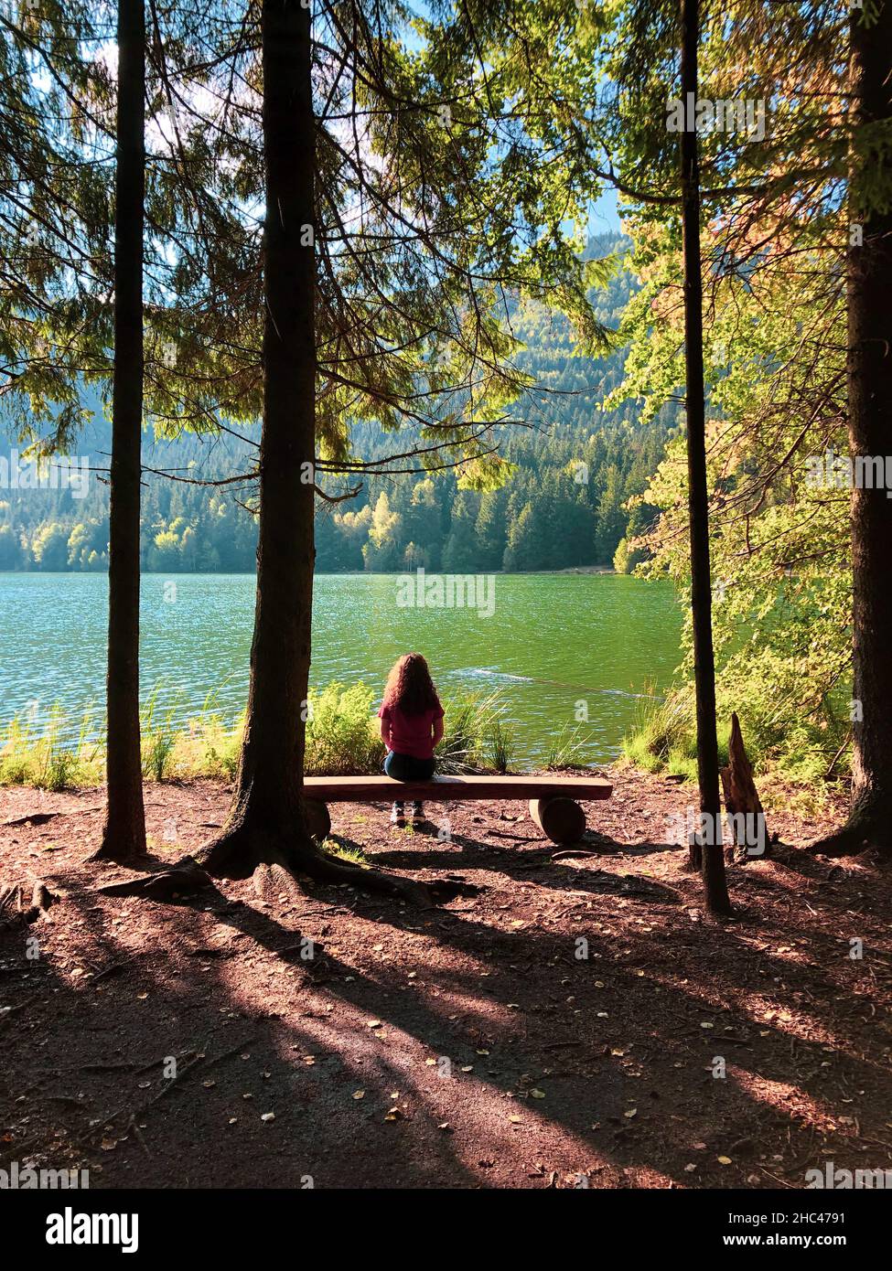 Woman sitting on a bench and observing a beautiful landscape of the St ...