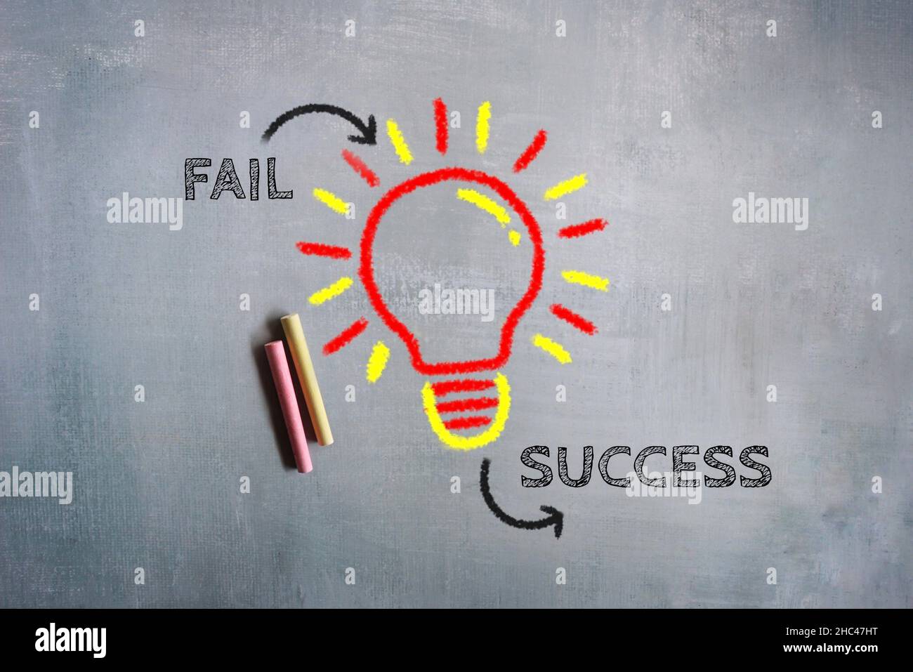 Fail change to success concept. Chalk drawing image of light bulb and ...