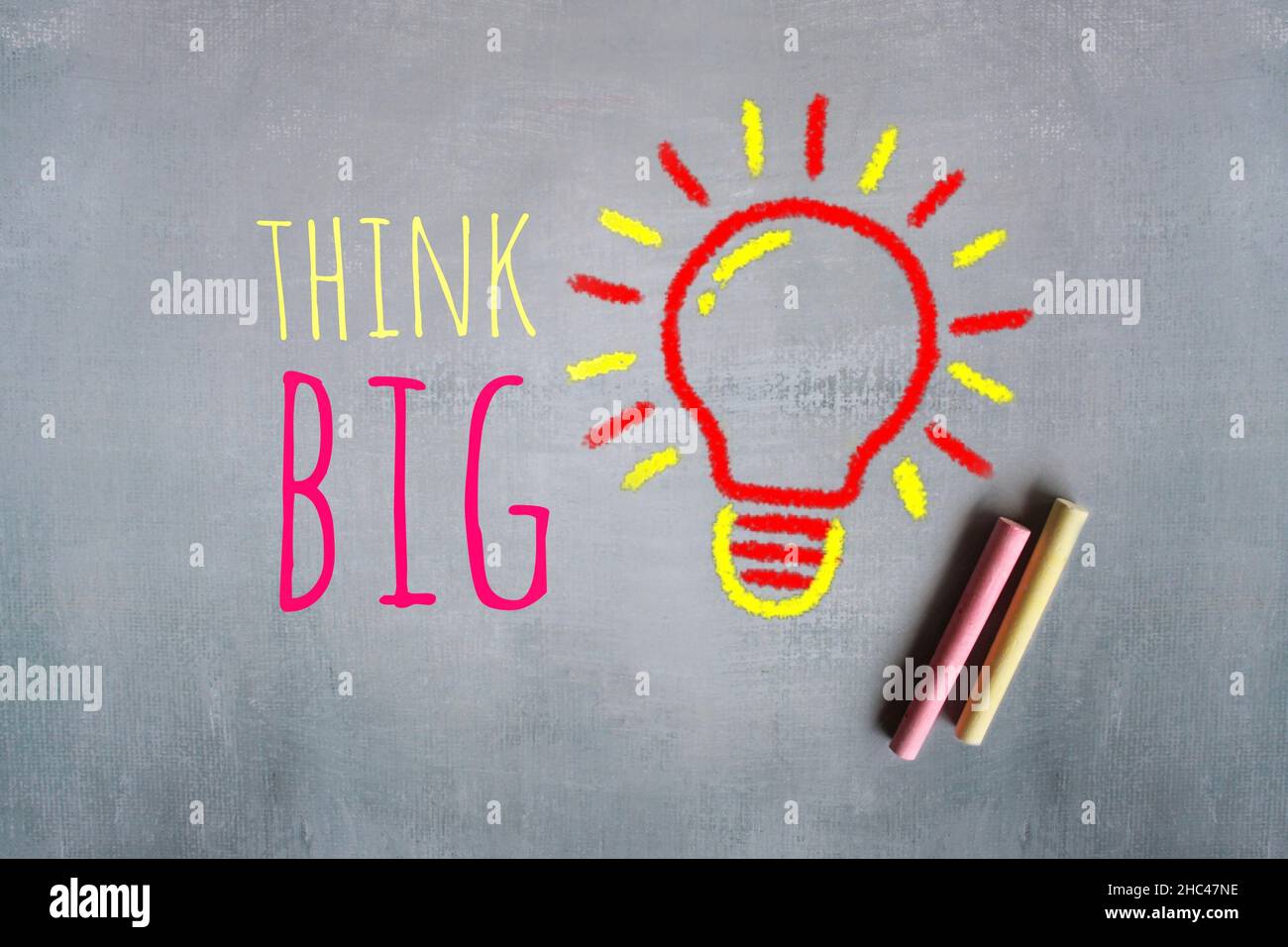 Business concept. Chalkboard drawing image of light bulb and text THINK ...