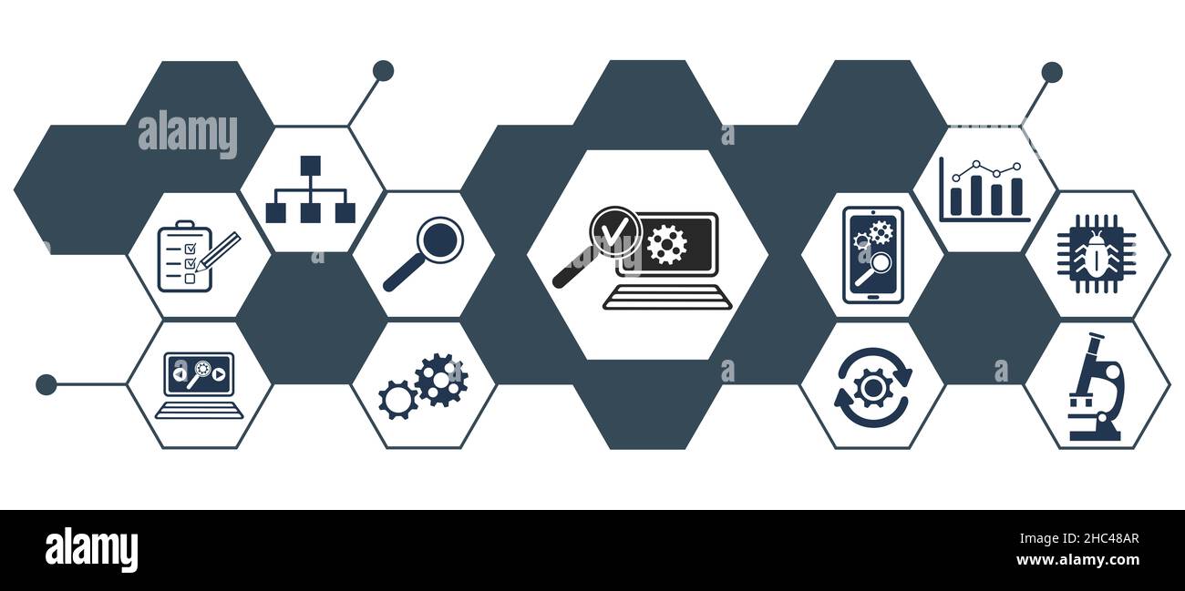 Concept of software testing with connected icons Stock Photo - Alamy