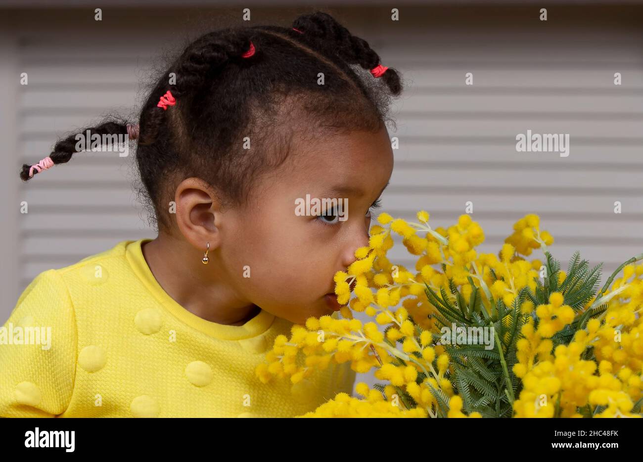 Little girl sniffing flowers hi-res stock photography and images - Alamy