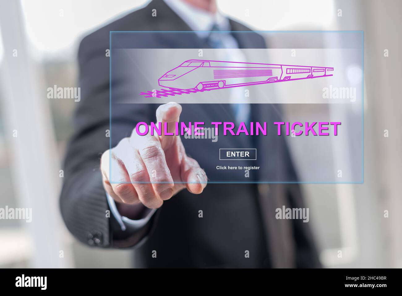Man touching an online train ticket concept on a touch screen with his ...