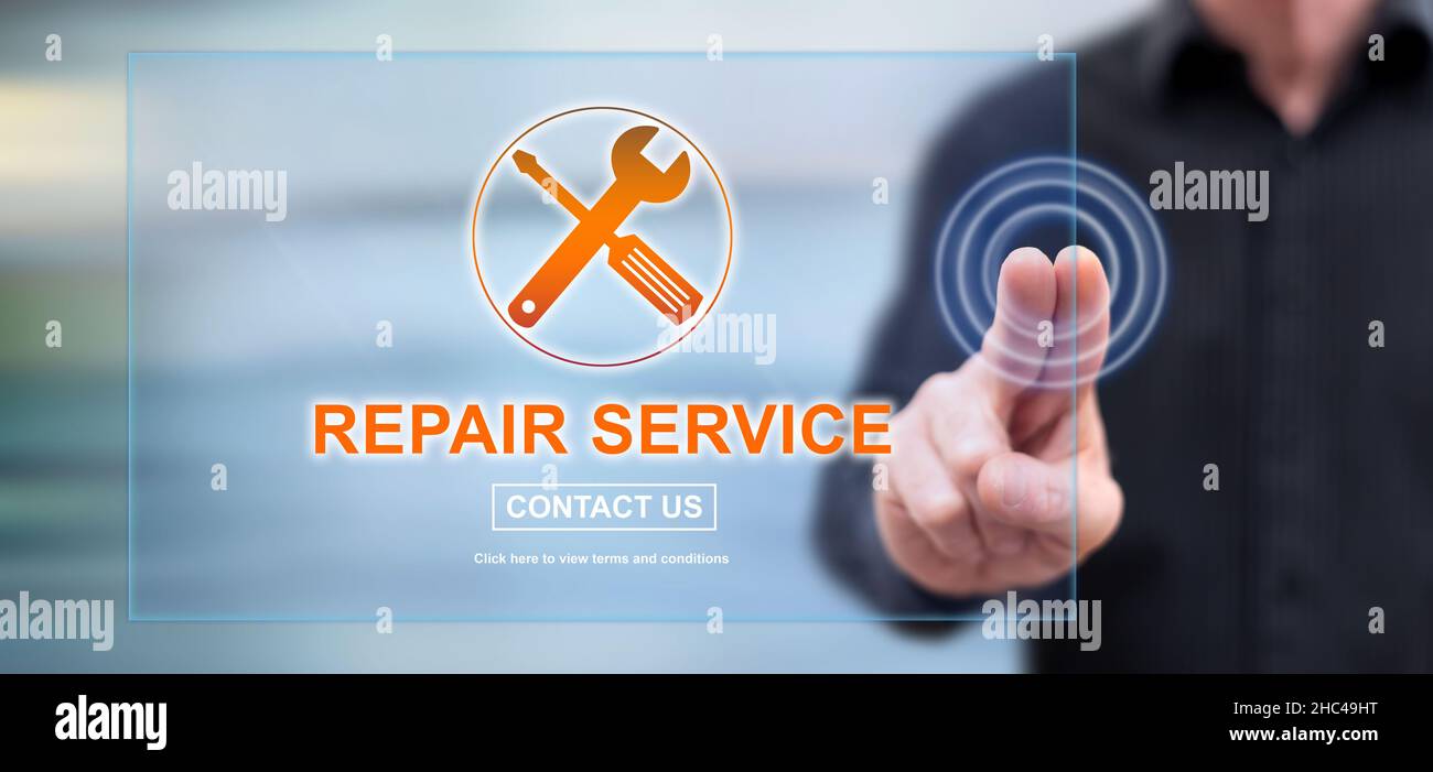 Man touching a repair service concept on a touch screen with his ...