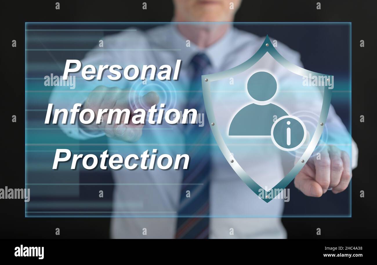 Man touching a personal information protection concept on a touch ...