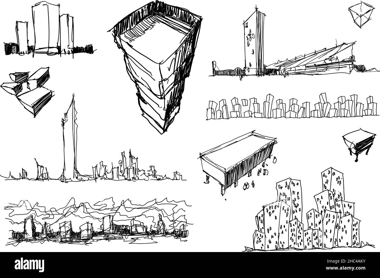 many hand drawn architectectural sketches of a modern abstract ...