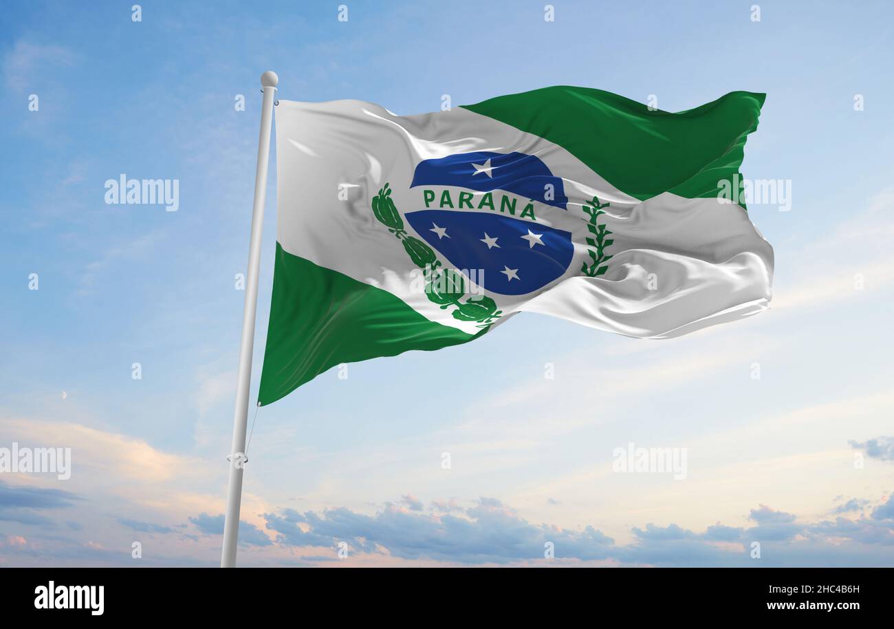 flag of Parana , Brazil at cloudy sky background on sunset, panoramic ...