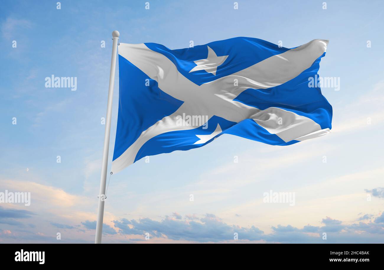 flag of Quatis , Brazil at cloudy sky background on sunset, panoramic ...