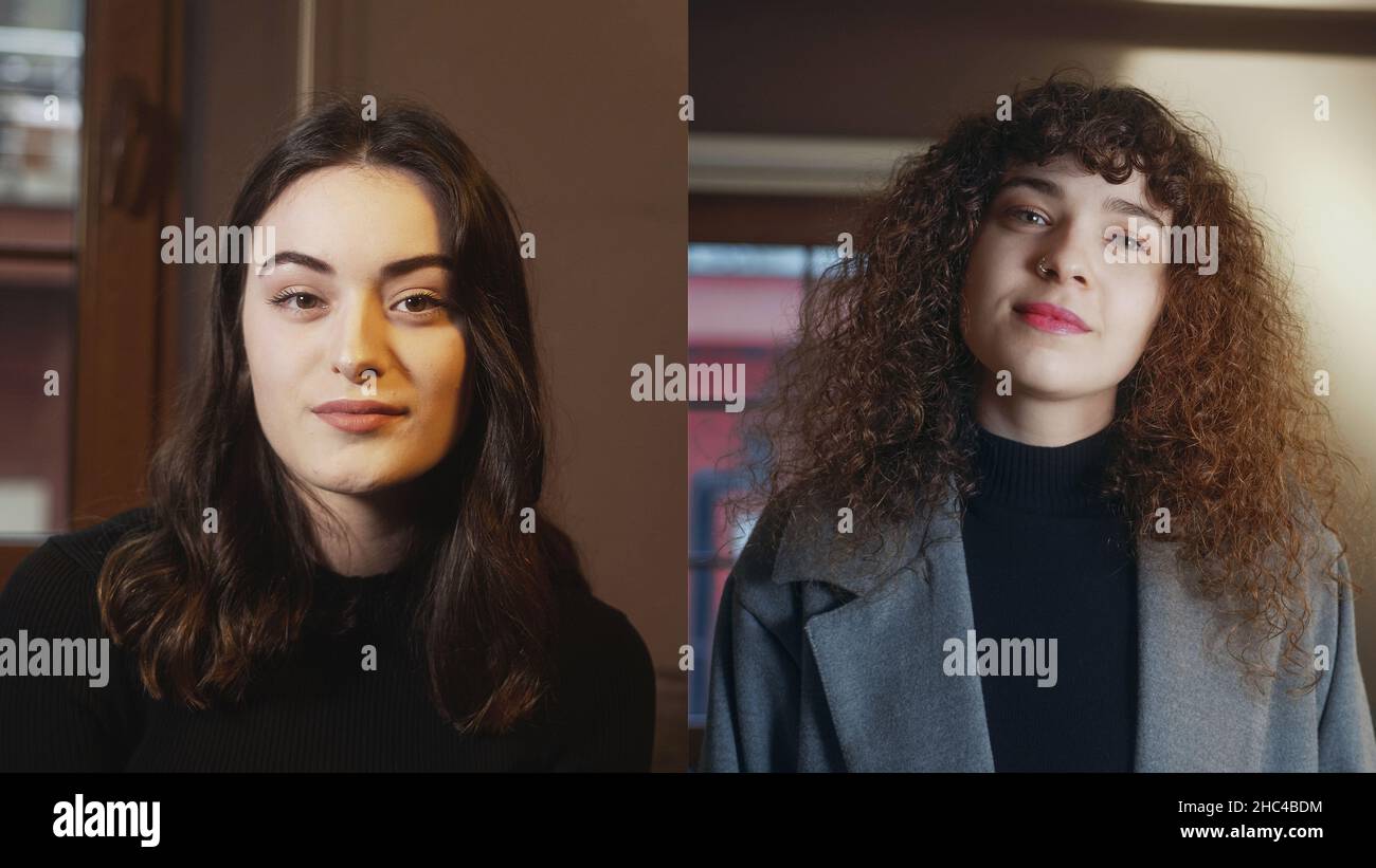 Two girls phone video call. Friends chat concept. Two-way conversation ...