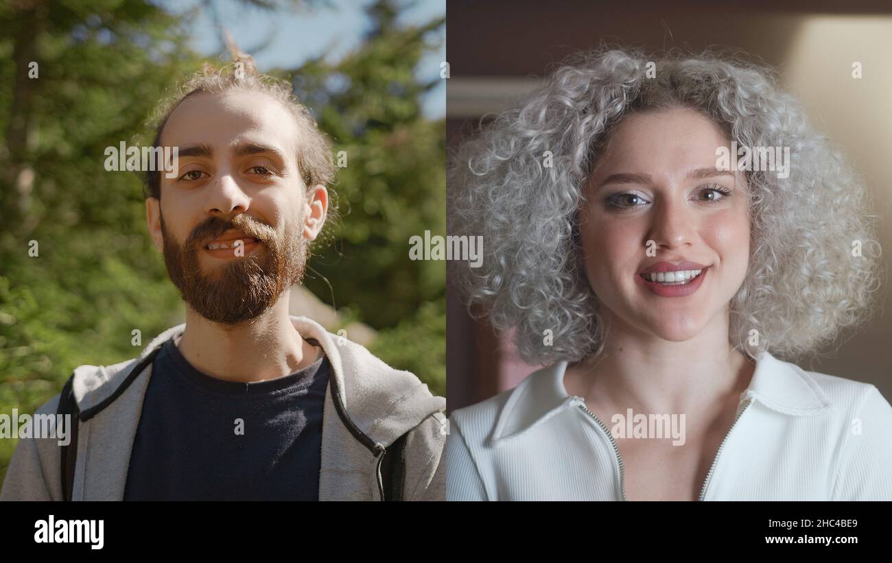 Man and woman phone video call. Friends chat concept. Two-way ...