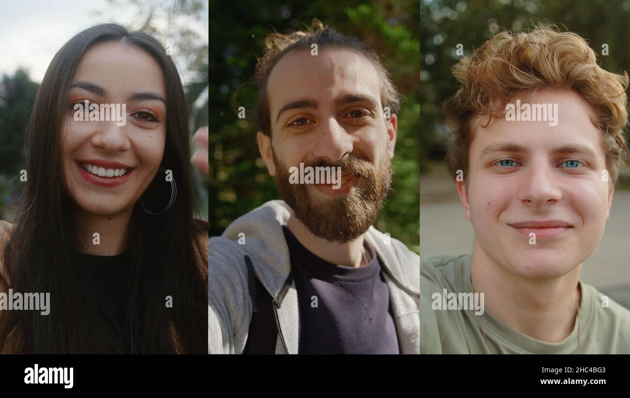 Phone group video call. Friends chat conference concept. Three-way ...