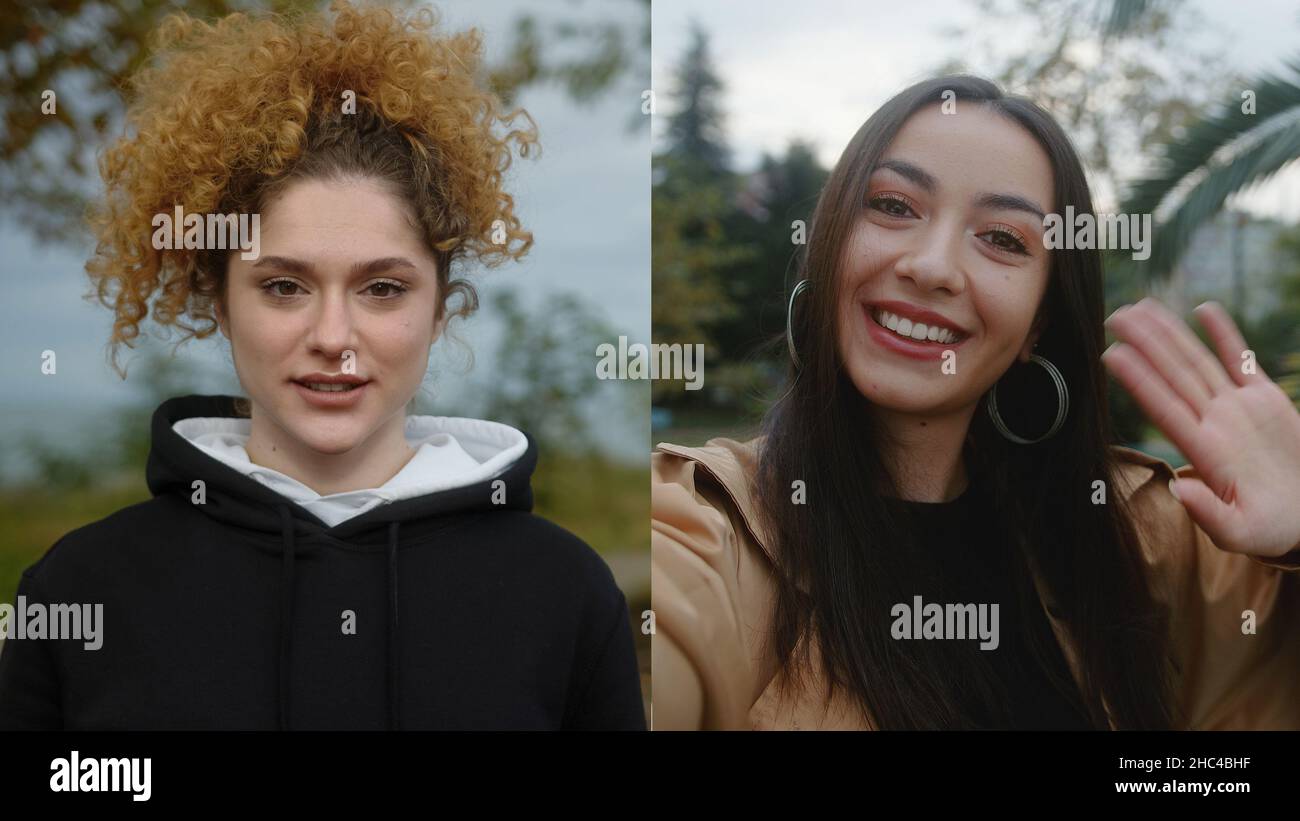 Two girls phone video call. Friends chat concept. Two-way conversation ...