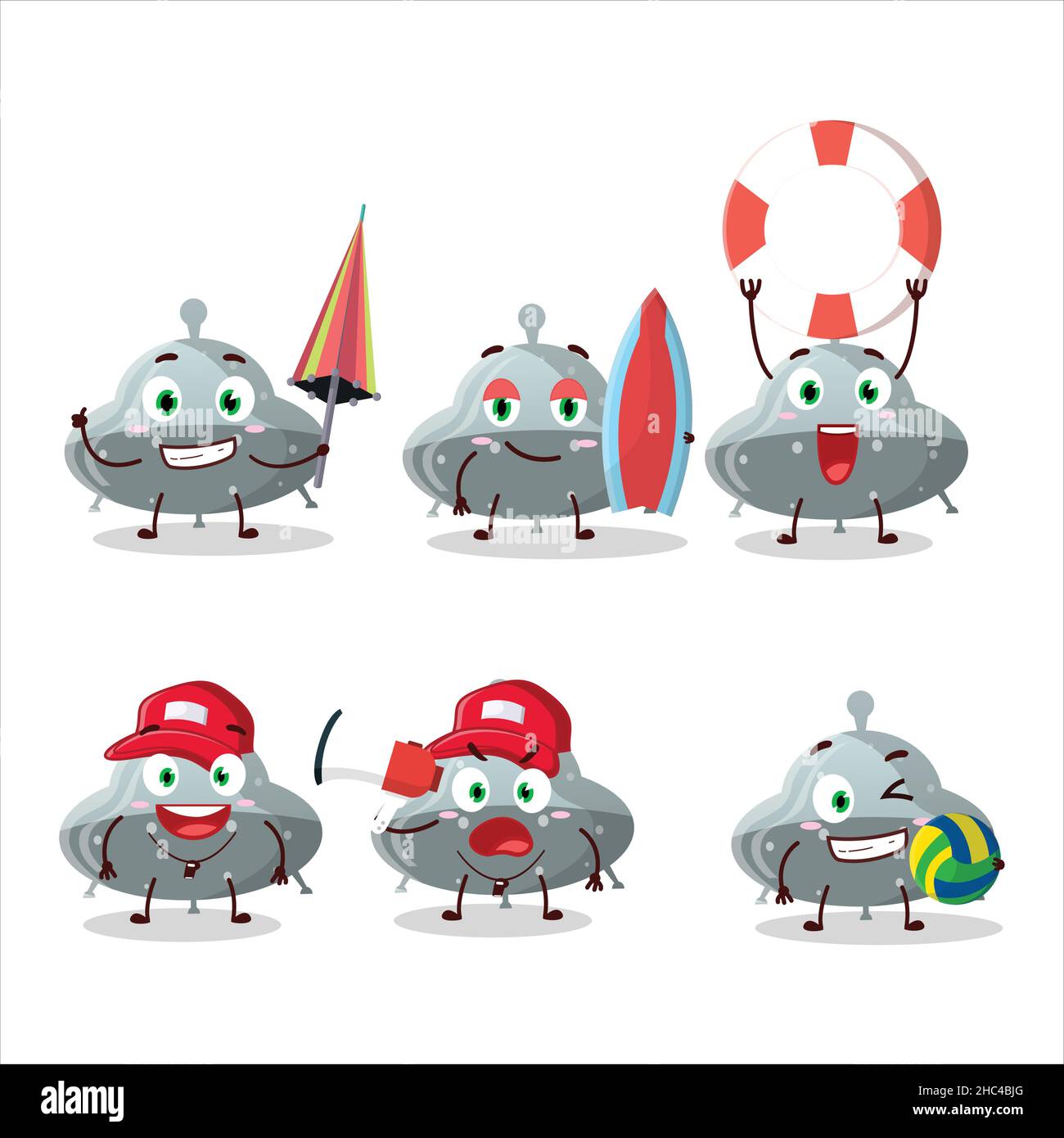 Happy Face UFO gray gummy candy cartoon character playing on a beach ...