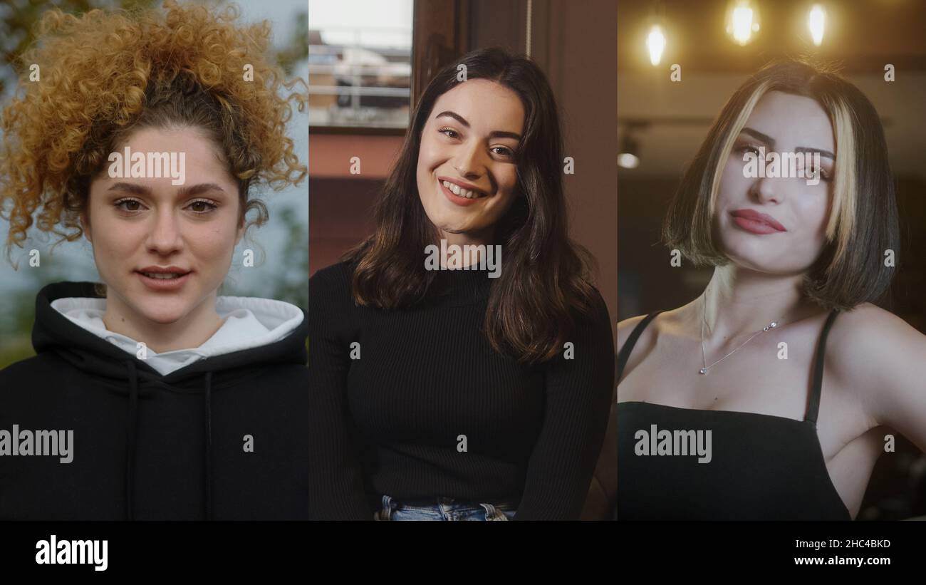 Three girls phone video call. Friends chat concept. Two-way ...