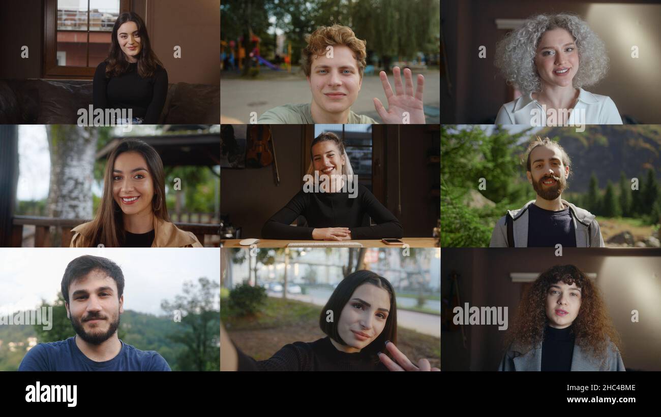 Group video call. Remote communication of happy multiracial young ...