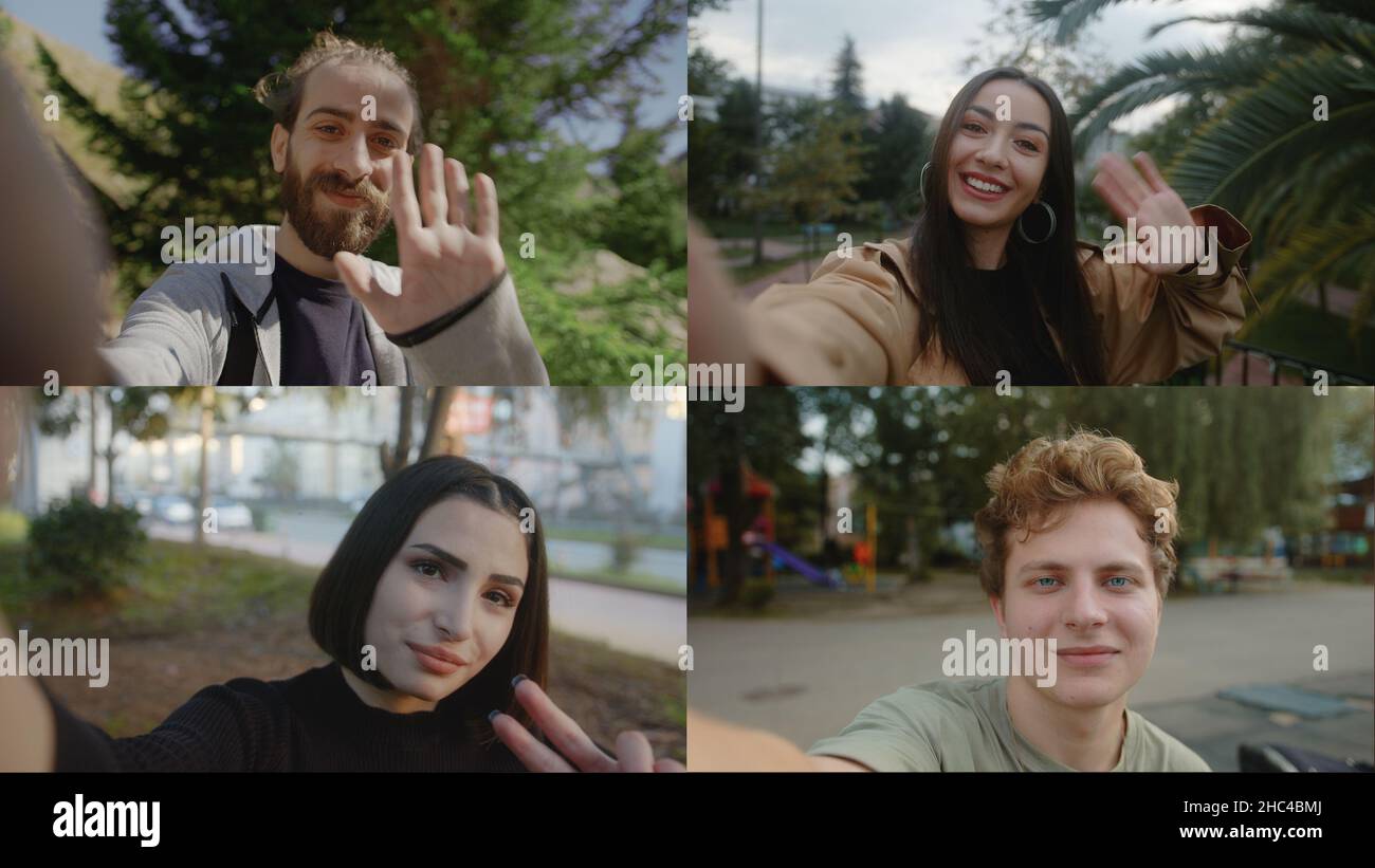 Phone group video call. Friends chat conference concept. Four-way ...