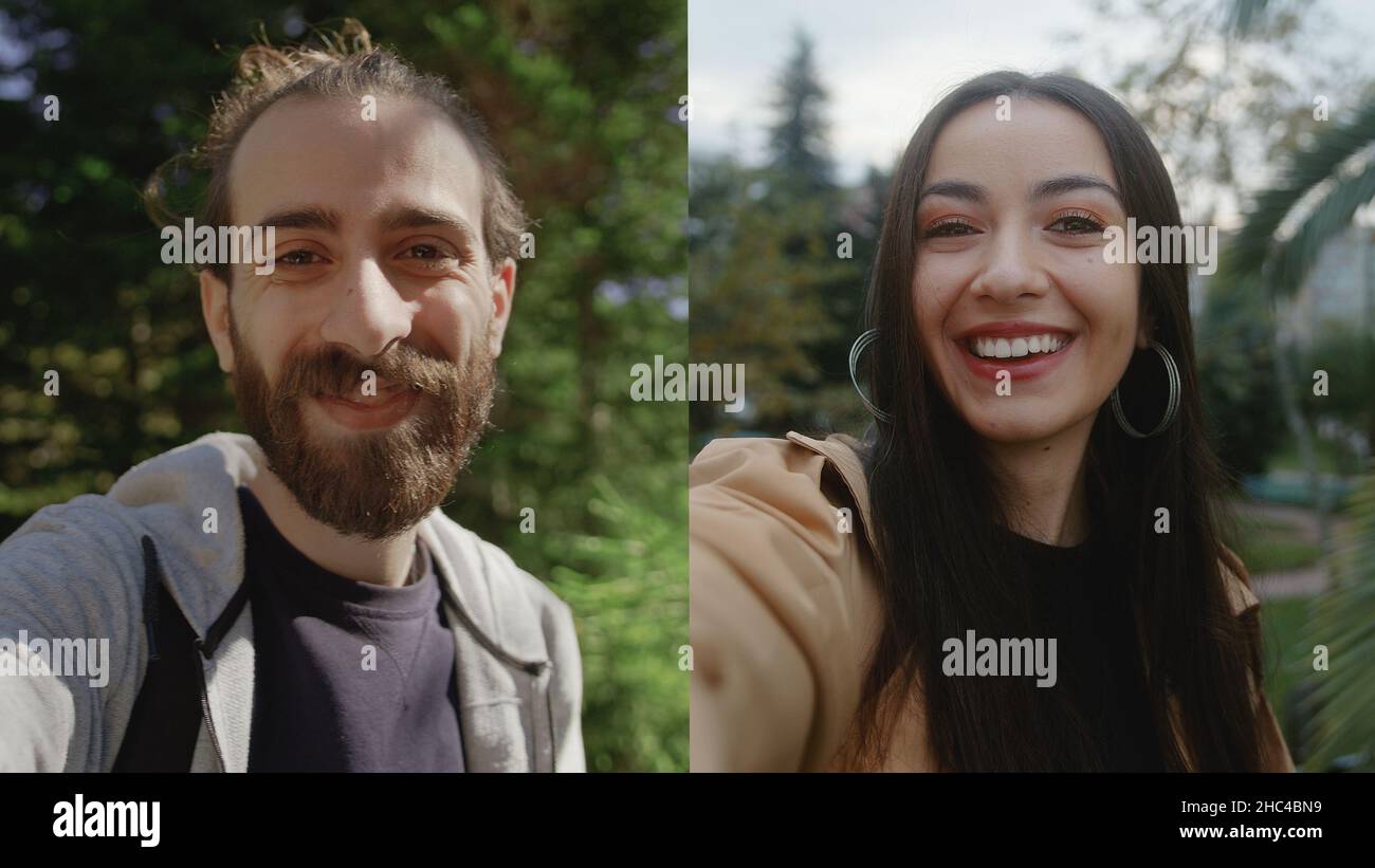 Man and woman phone video call. Friends chat concept. Two-way ...