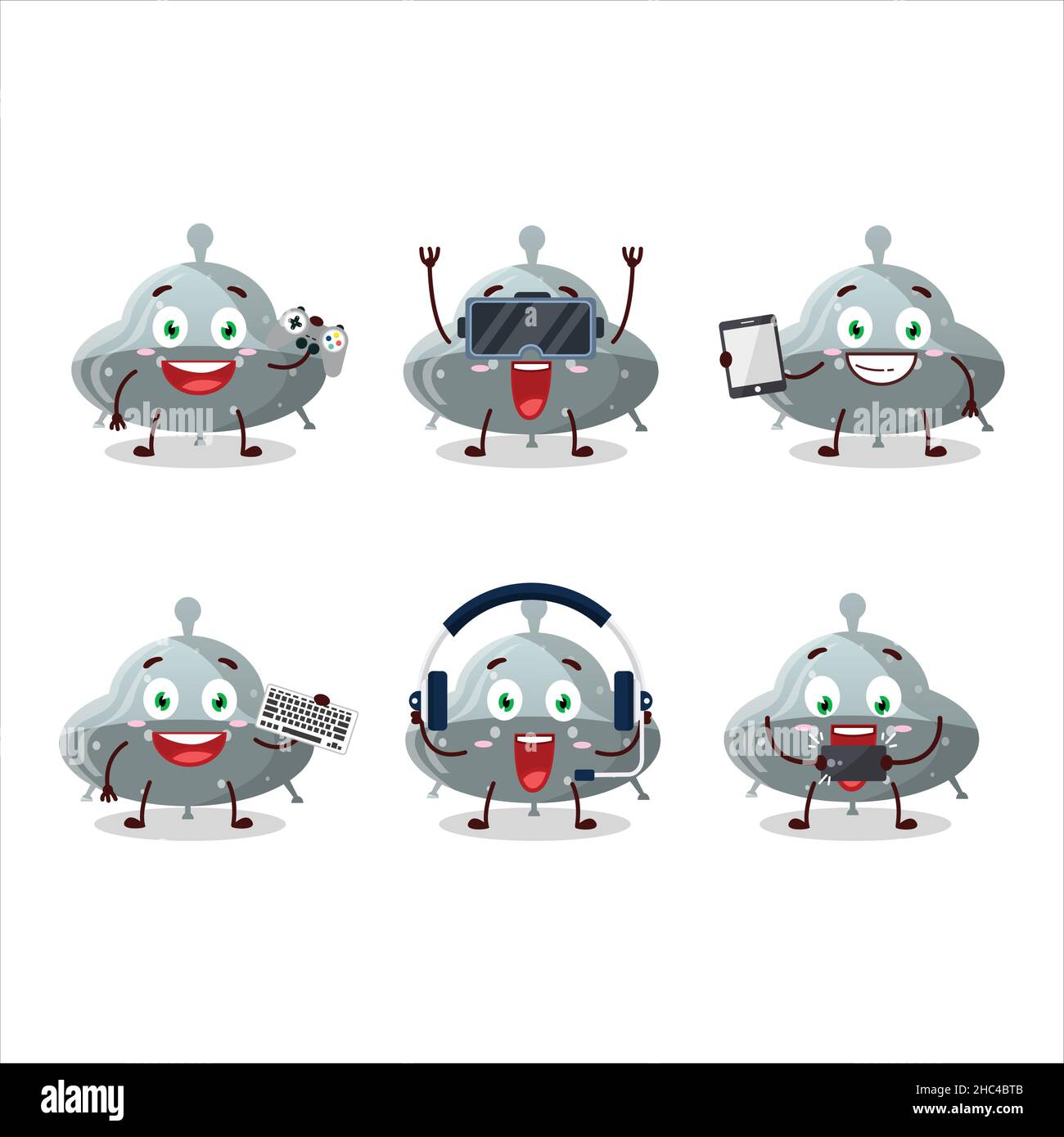 UFO gray gummy candy cartoon character are playing games with various ...