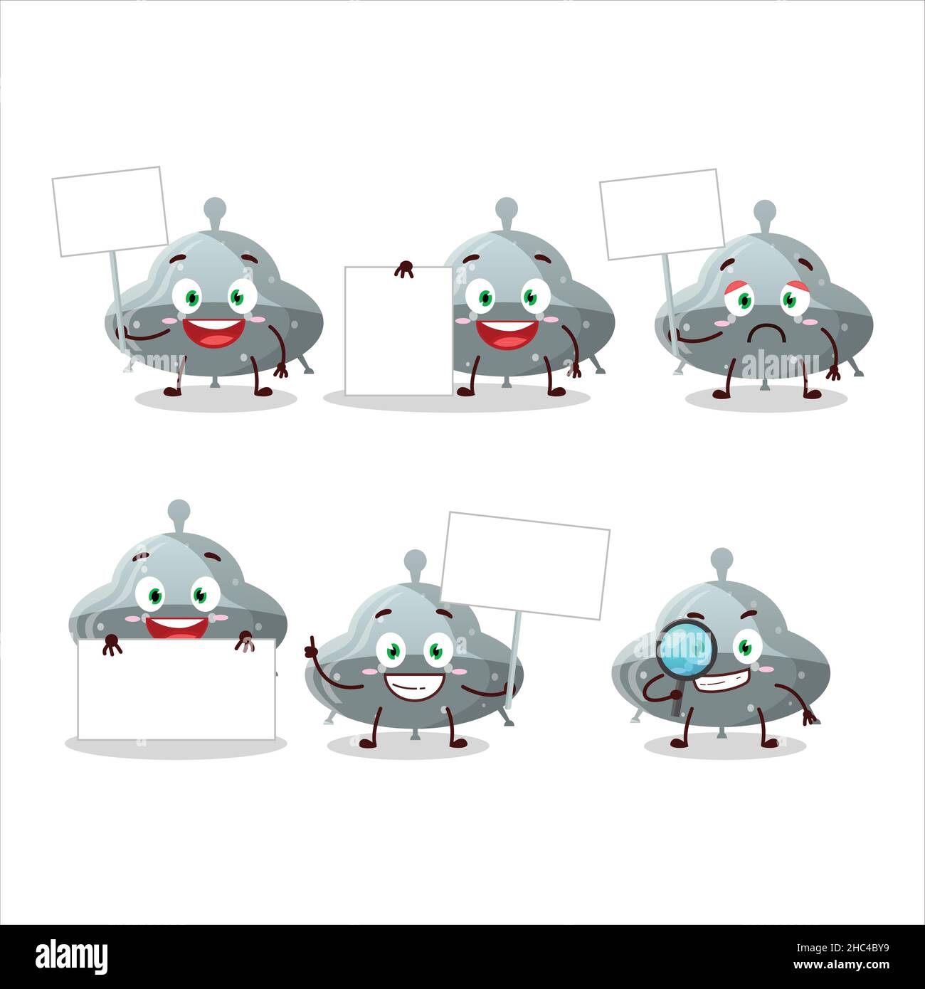 UFO gray gummy candy cartoon character bring information board. Vector ...