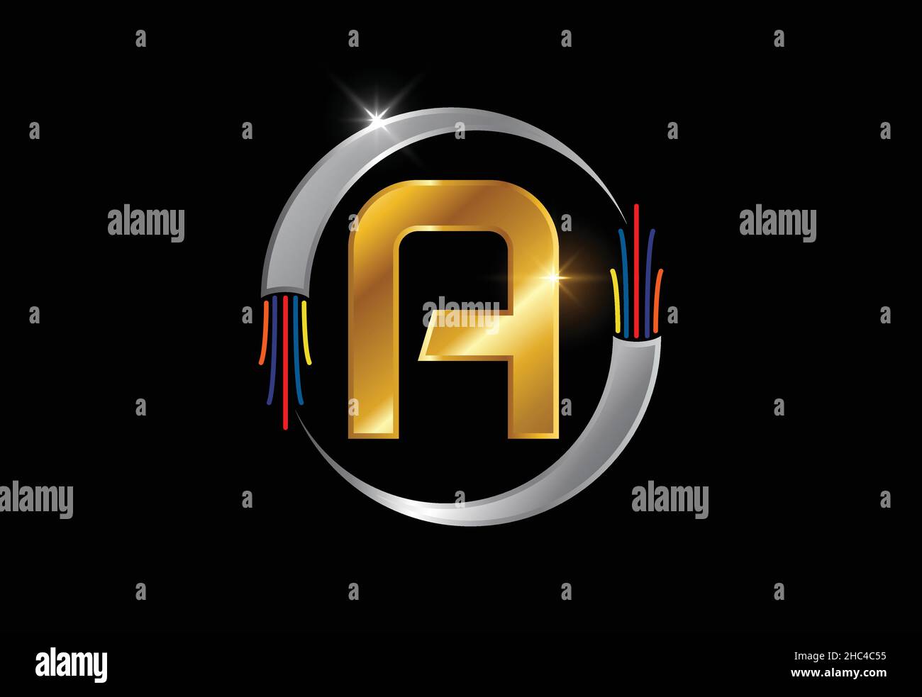 Initial A monogram letter alphabet with electric wire, optical fiber ...