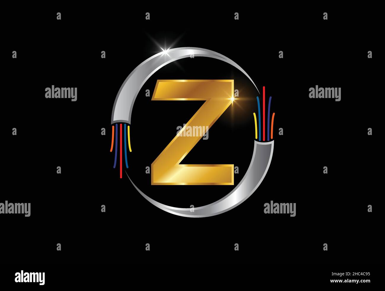 Initial Z monogram letter alphabet with electric wire, optical fiber ...