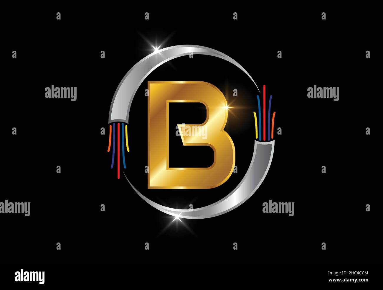 Initial B monogram letter alphabet with electric wire, optical fiber ...