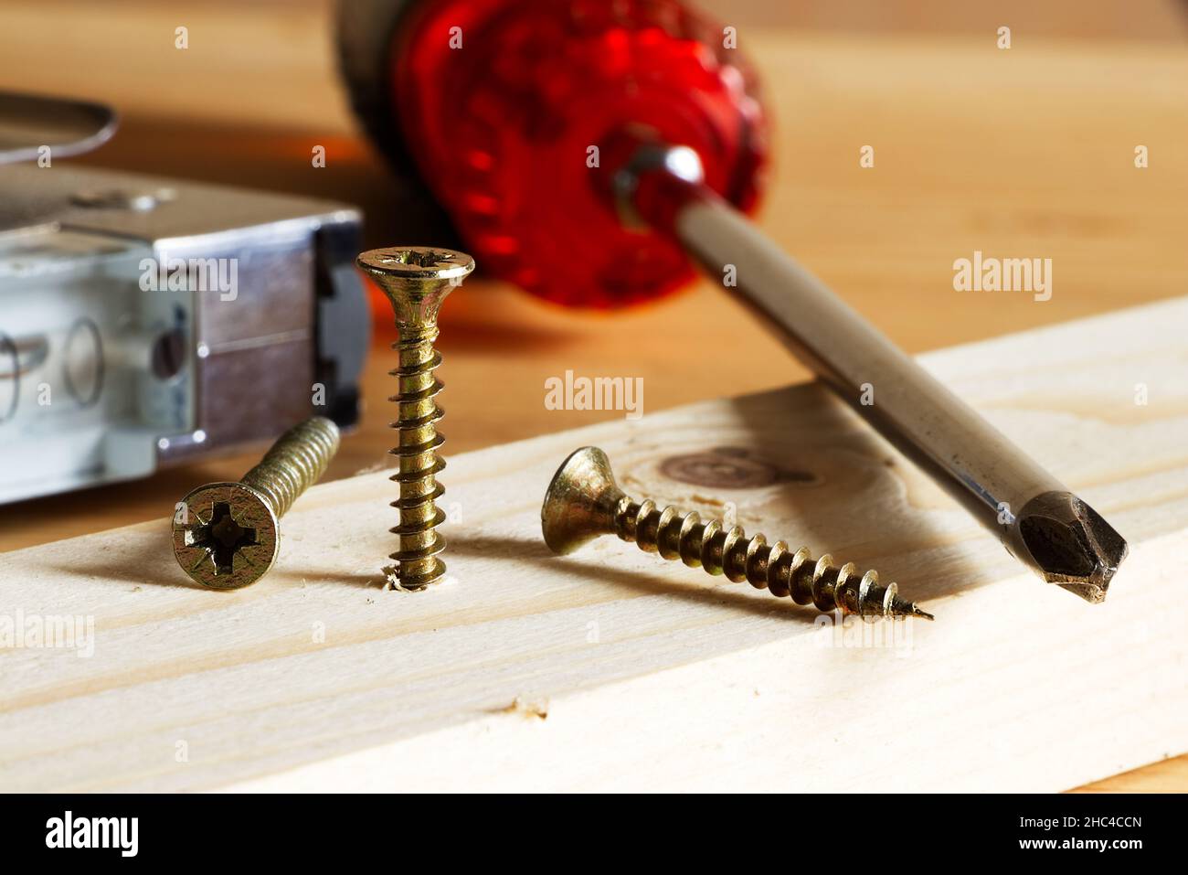 Screw being screwed into a wooden board, screwdriver and joinery meter ...