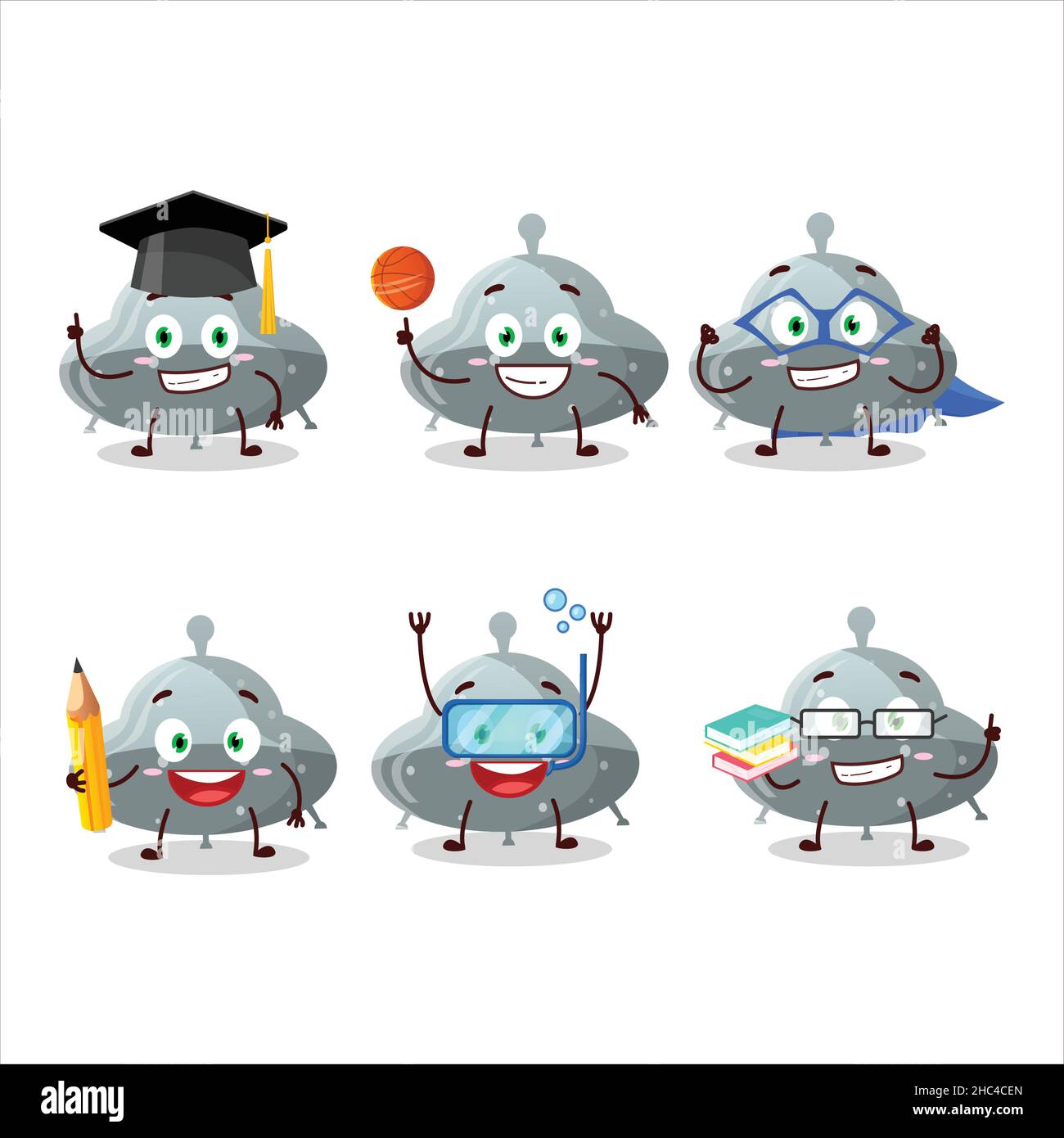 School student of UFO gray gummy candy cartoon character with various ...