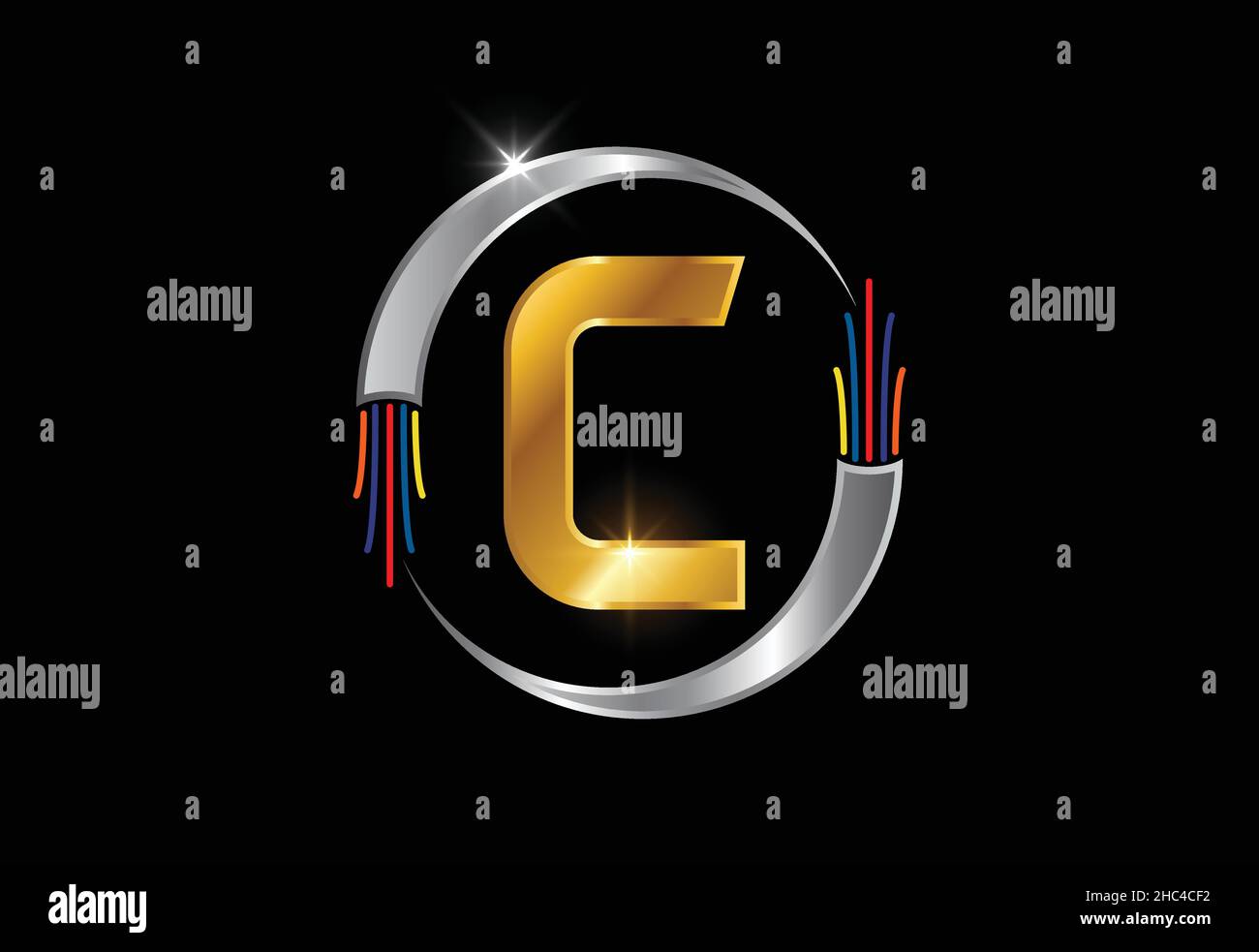 Initial C monogram letter alphabet with electric wire, optical fiber ...