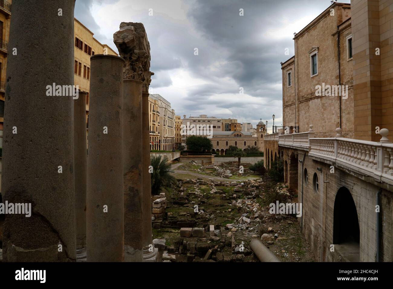 Columns near the Forum of Berytus ancient city in Beirut capital city ...