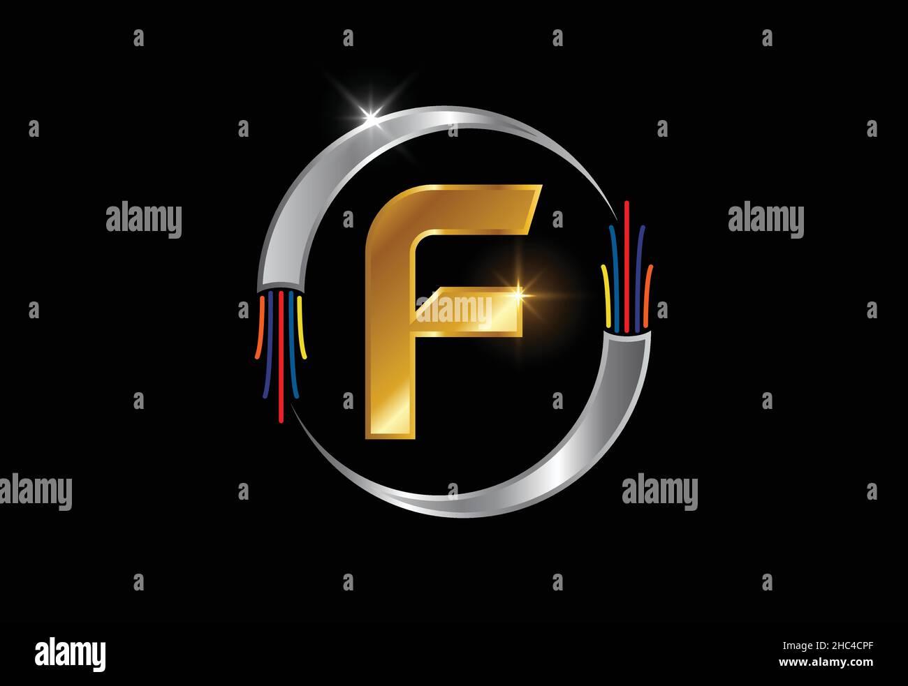 Initial F monogram letter alphabet with electric wire, optical fiber ...