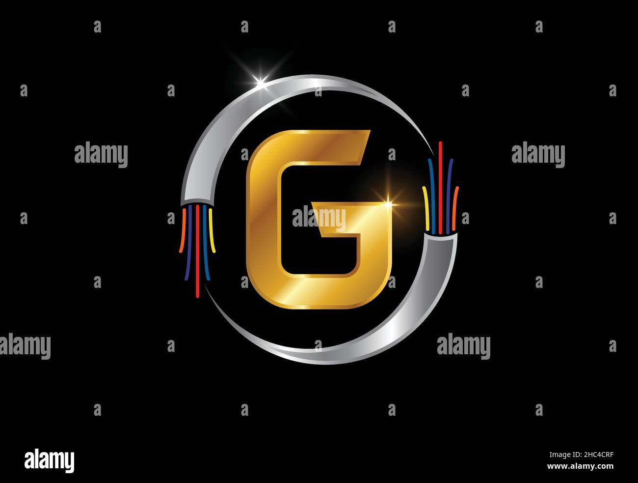 Initial G monogram letter alphabet with electric wire, optical fiber ...