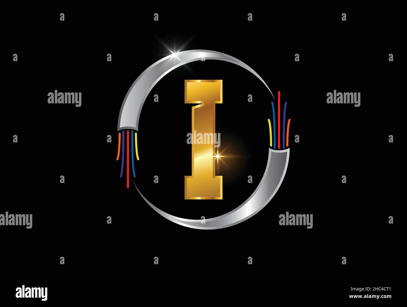 Initial I monogram letter alphabet with electric wire, optical fiber ...