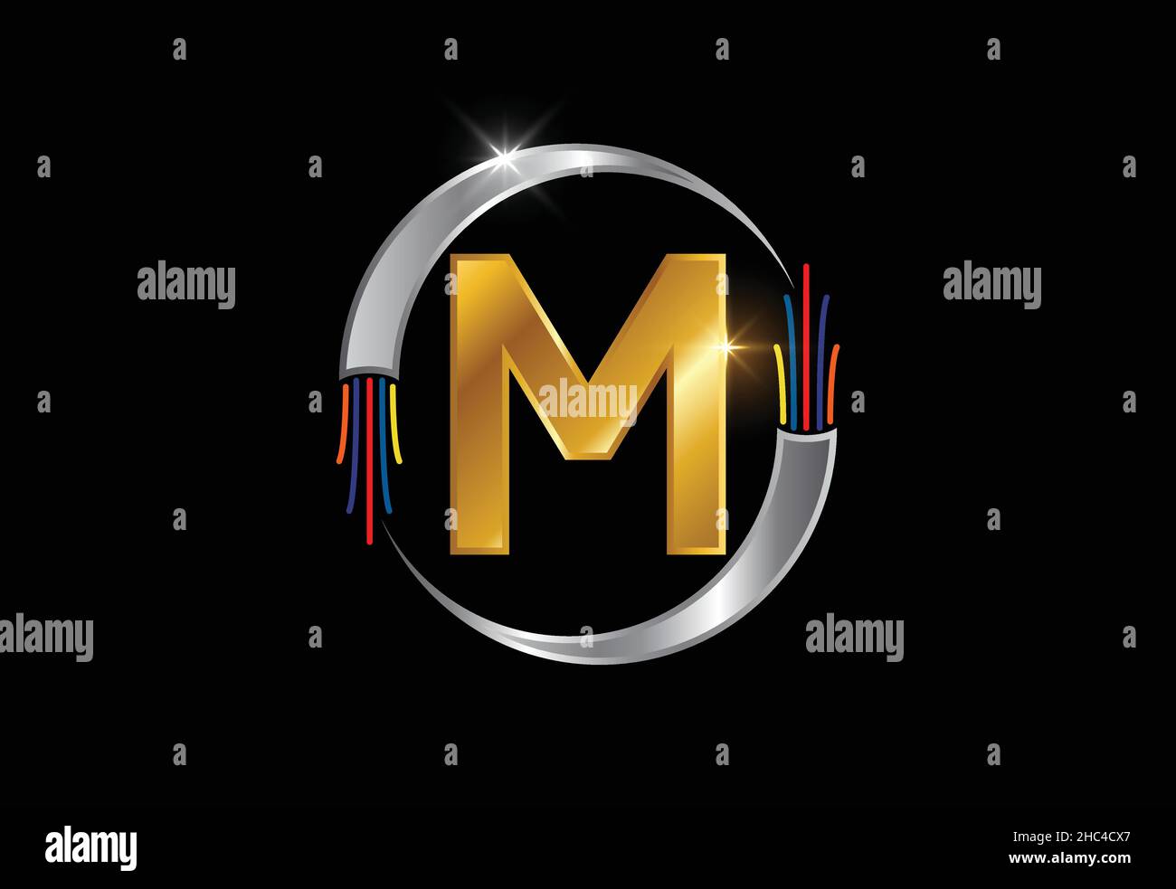 Initial M monogram letter alphabet with electric wire, optical fiber ...