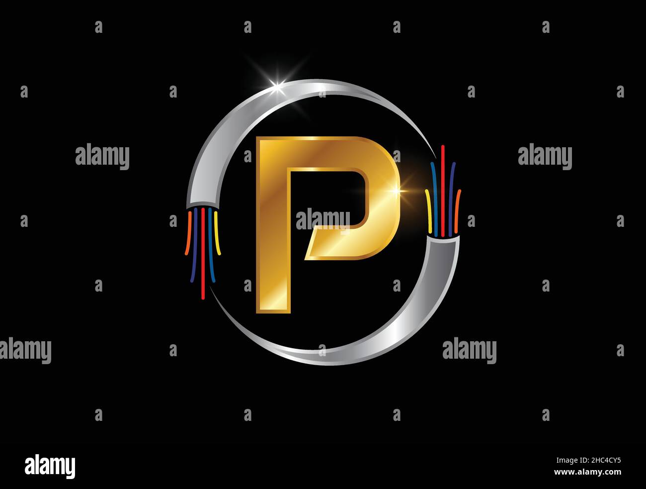 Initial P monogram letter alphabet with electric wire, optical fiber ...